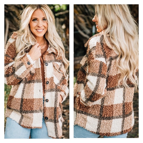 Jackets & Coats | Nwt Sherpa Plaid Shacket With Pockets Fuzzy Cozy ...